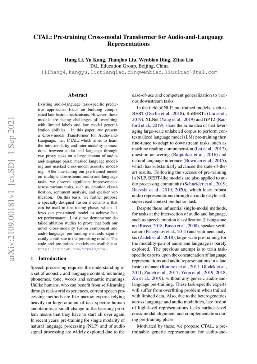CTAL: Pre-training Cross-modal Transformer for Audio-and-Language Representations | DeepAI