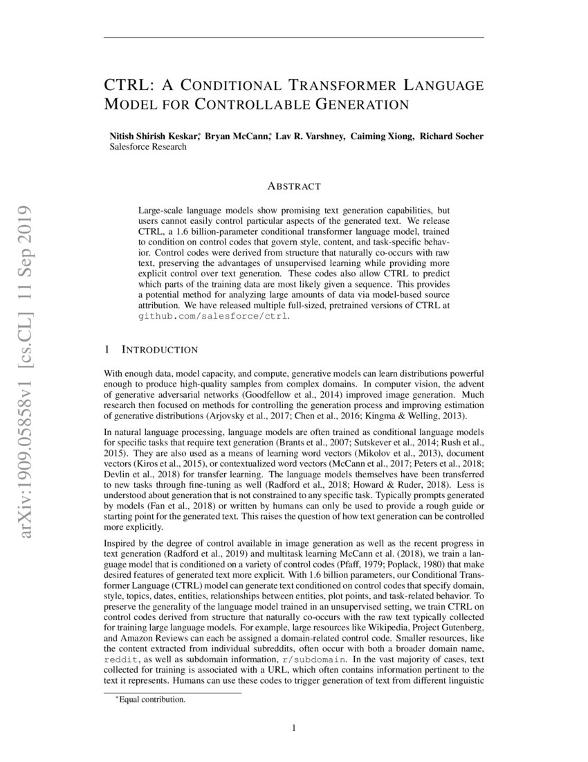 Ctrl A Conditional Transformer Language Model For Controllable Generation Deepai