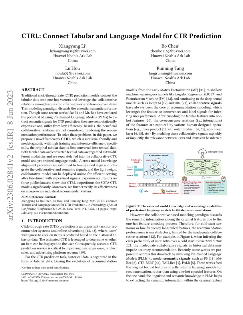 Ctrl Connect Tabular And Language Model For Ctr Prediction Deepai
