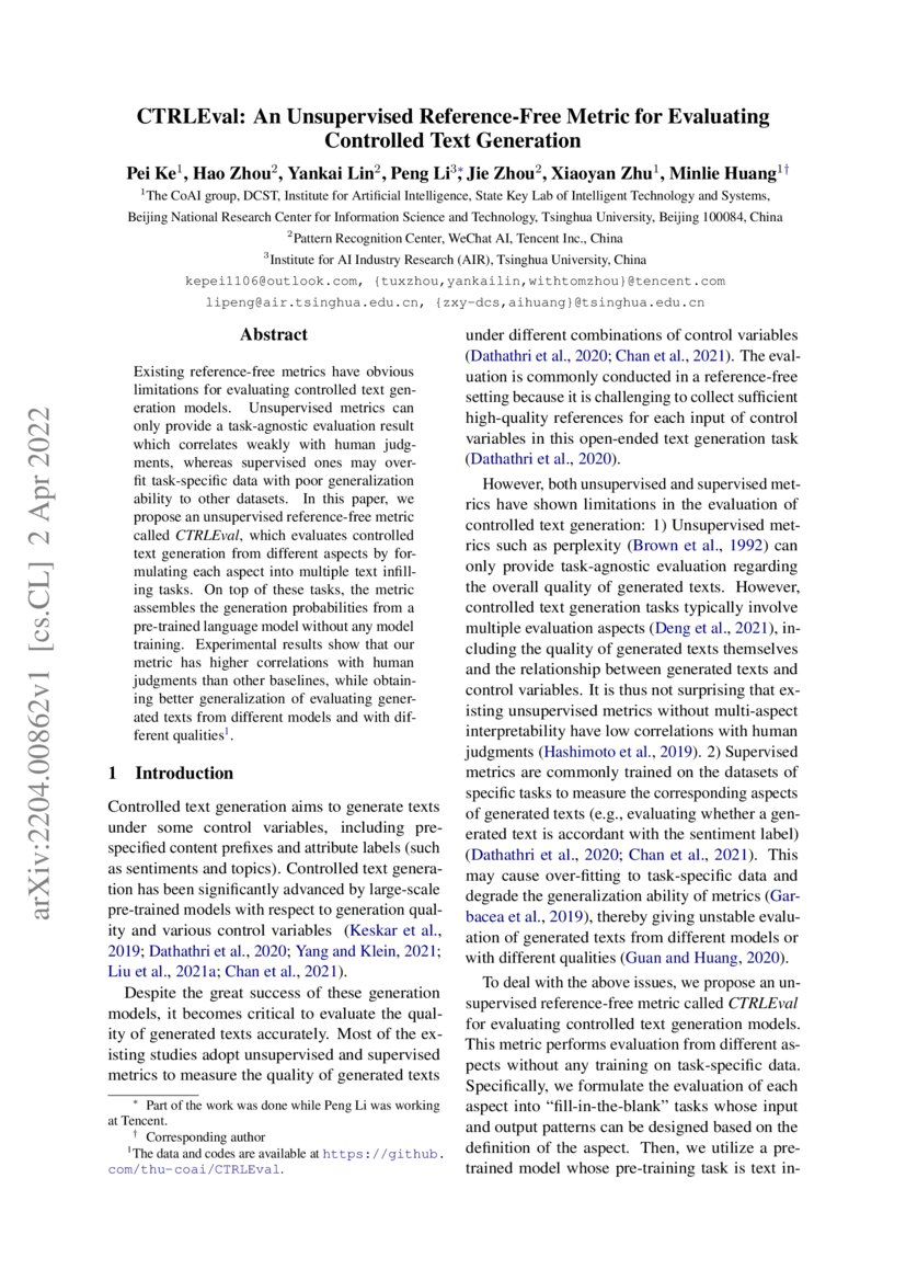 CTRLEval: An Unsupervised Reference-Free Metric for Evaluating Controlled Text Generation | DeepAI