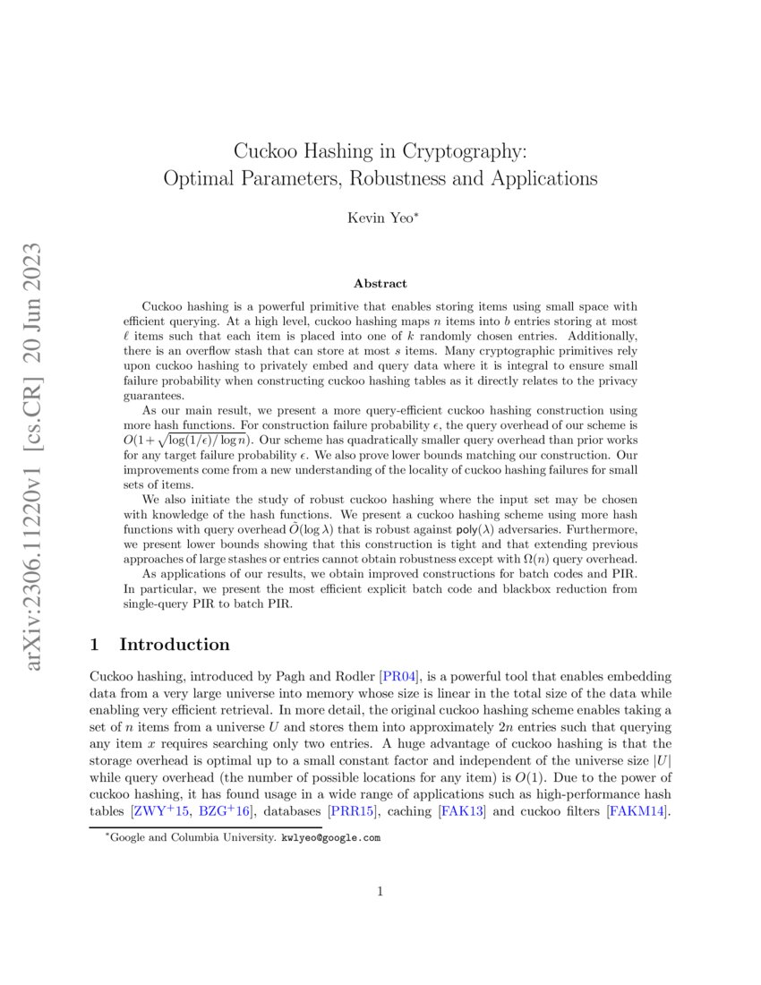 Cuckoo Hashing in Cryptography: Optimal Parameters, Robustness and ...