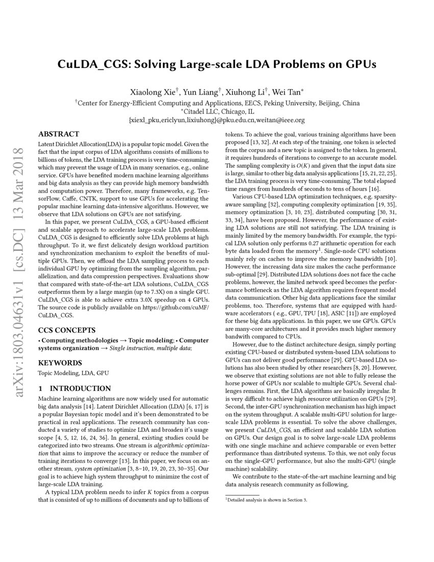 CuLDA_CGS: Solving Large-scale LDA Problems on GPUs | DeepAI