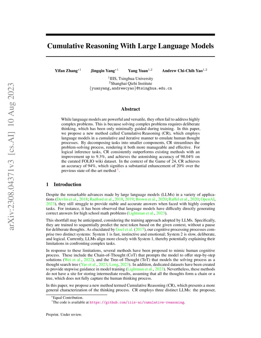 Cumulative Reasoning with Large Language Models | DeepAI