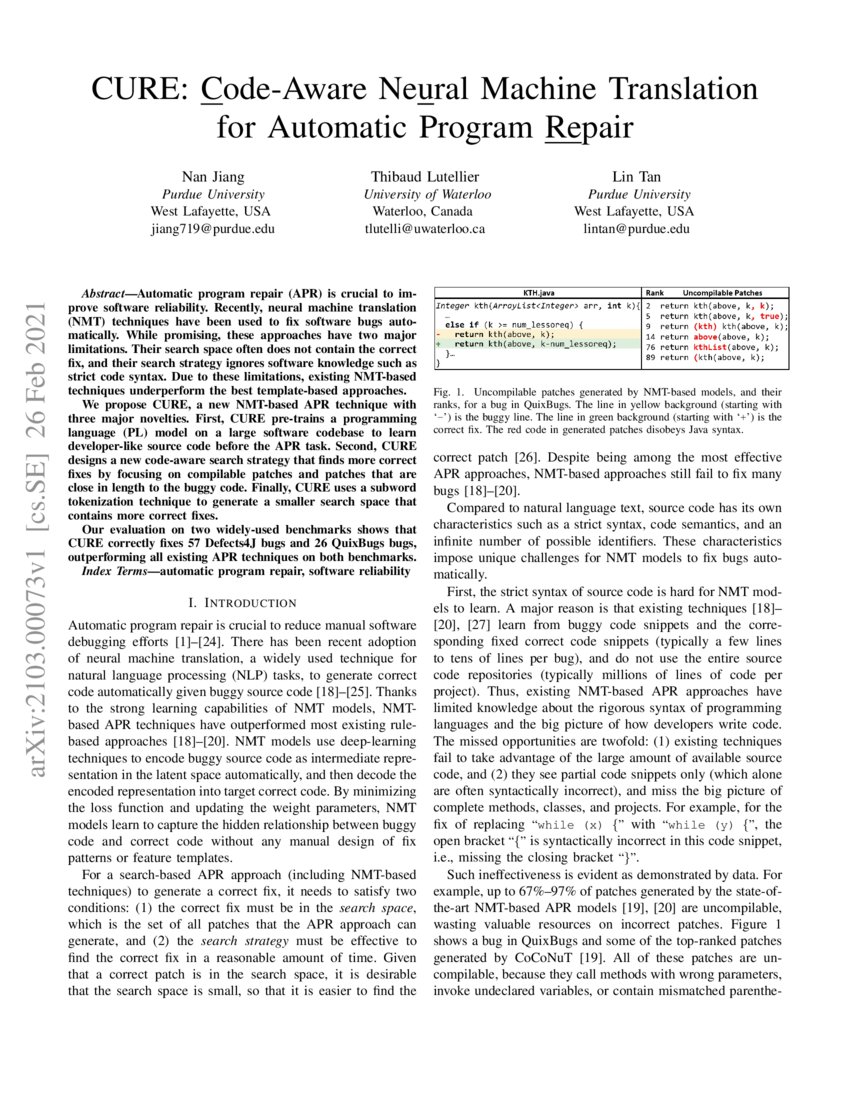 CURE: Code-Aware Neural Machine Translation for Automatic Program ...