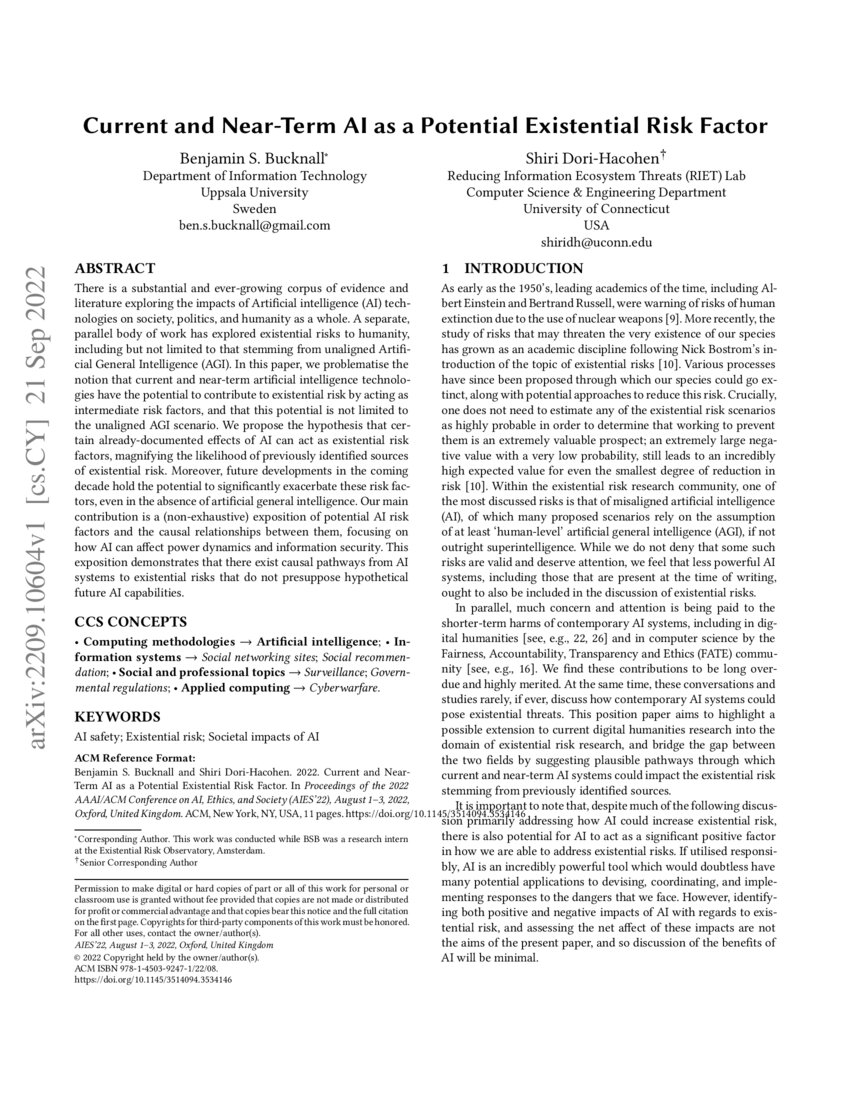 Current and Near-Term AI as a Potential Existential Risk Factor | DeepAI