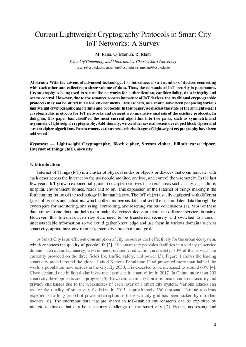 Current Lightweight Cryptography Protocols in Smart City IoT Networks: A Survey | DeepAI
