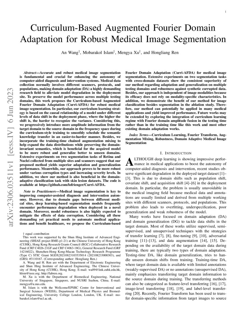 Curriculum Based Augmented Fourier Domain Adaptation For Robust Medical Image Segmentation Deepai