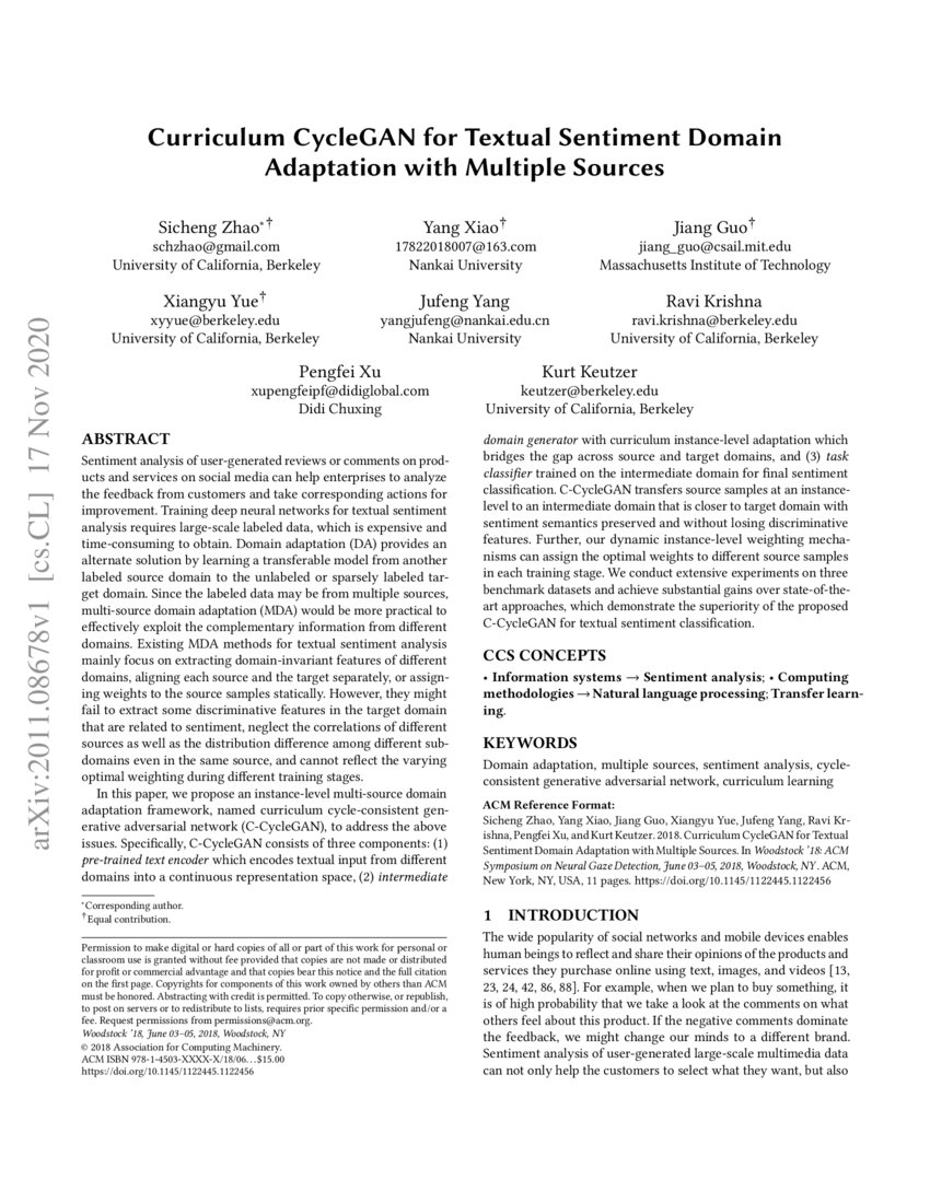 Curriculum CycleGAN for Textual Sentiment Domain Adaptation with Multiple Sources | DeepAI