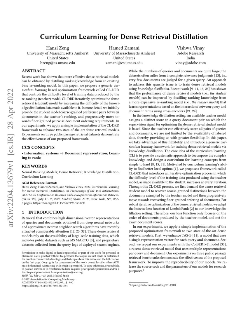 Curriculum Learning for Dense Retrieval Distillation | DeepAI