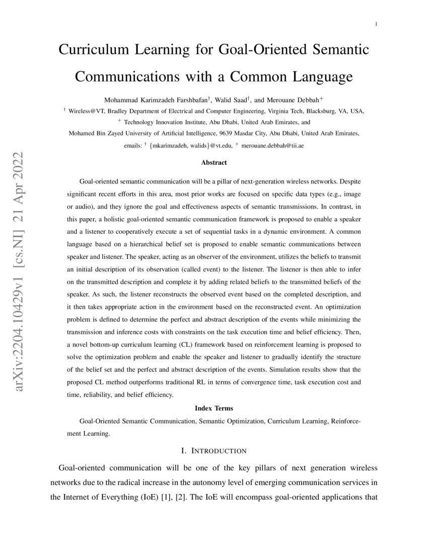Curriculum Learning For Goal Oriented Semantic Communications With A