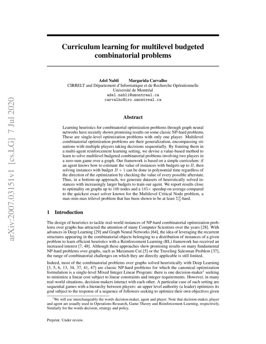 Curriculum learning for multilevel budgeted combinatorial problems | DeepAI