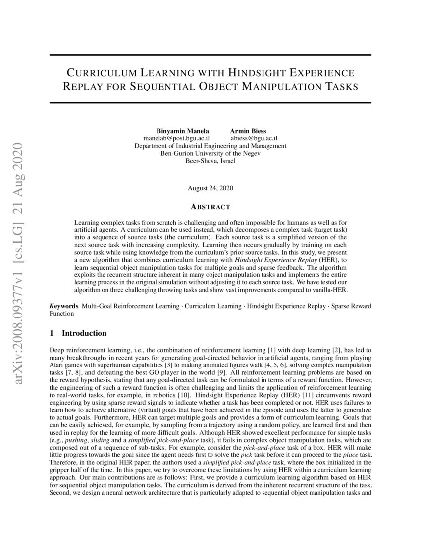 Curriculum Learning with Hindsight Experience Replay for Sequential Object Manipulation Tasks ...