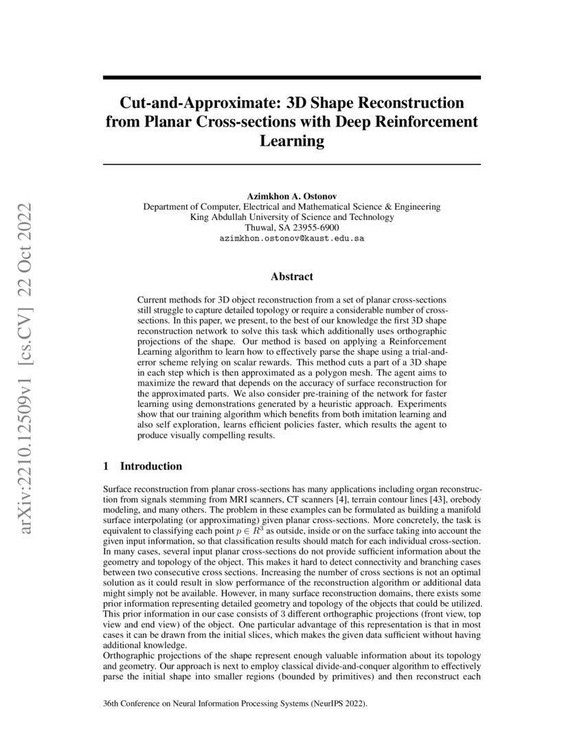 Cut And Approximate 3d Shape Reconstruction From Planar Cross Sections With Deep Reinforcement