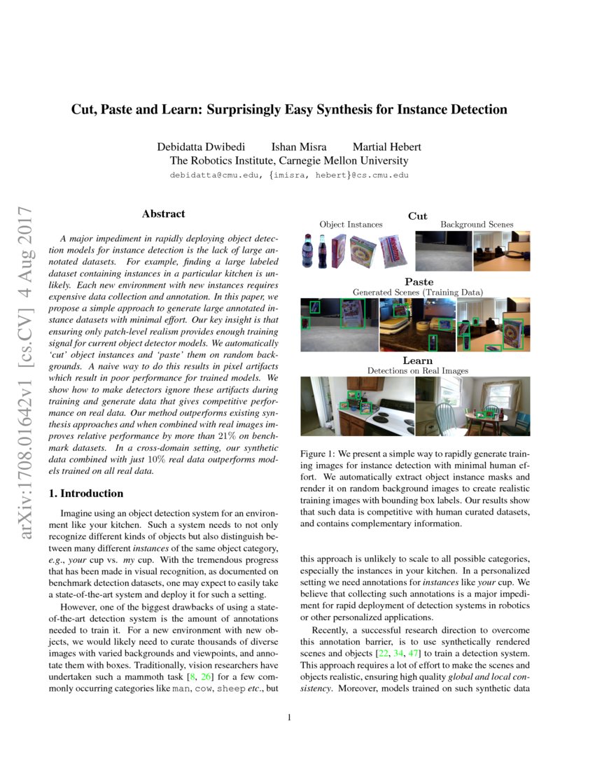Cut, Paste and Learn: Surprisingly Easy Synthesis for Instance Detection | DeepAI