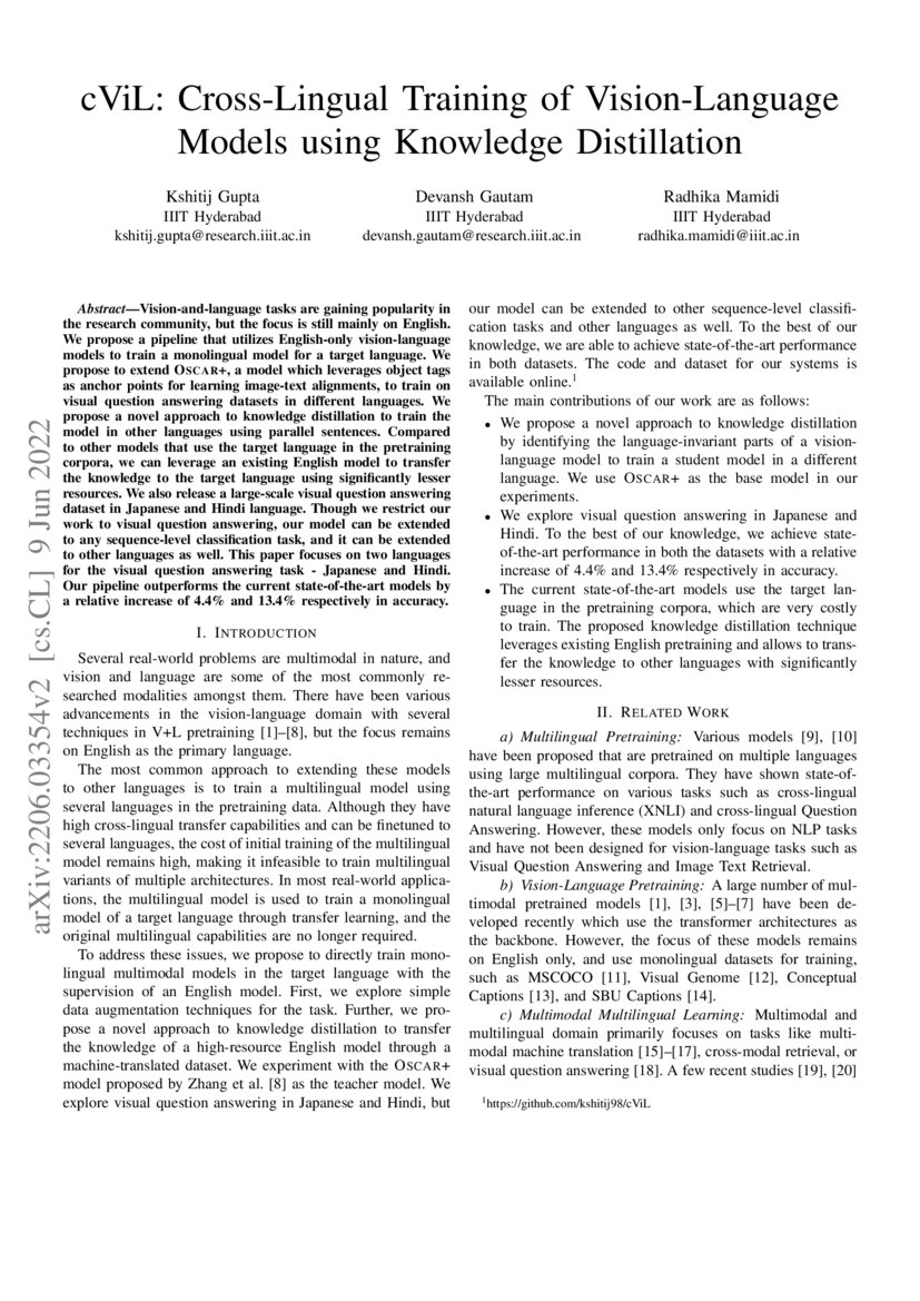 cViL: Cross-Lingual Training of Vision-Language Models using Knowledge Distillation | DeepAI