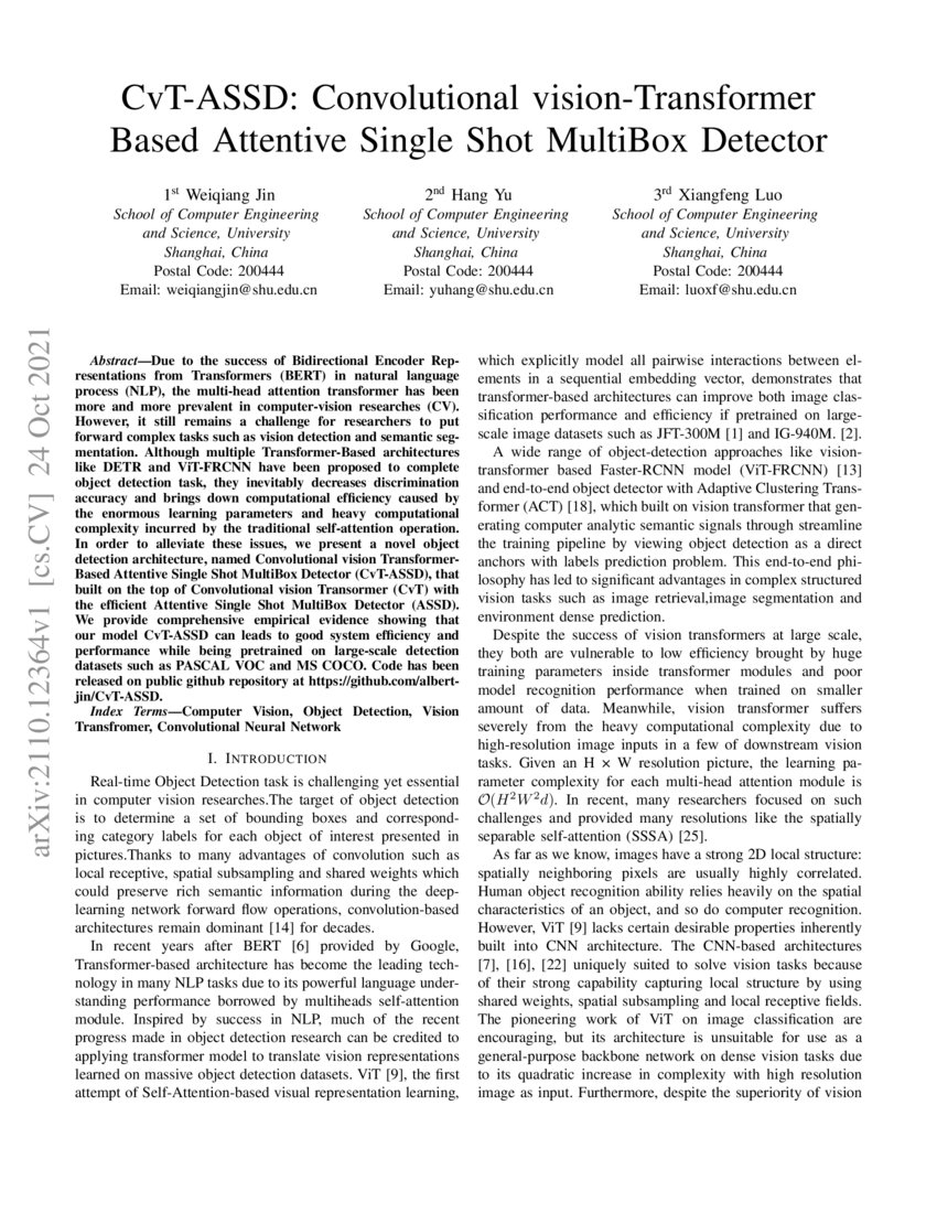 CvT-ASSD: Convolutional vision-Transformer Based Attentive Single Shot MultiBox Detector | DeepAI