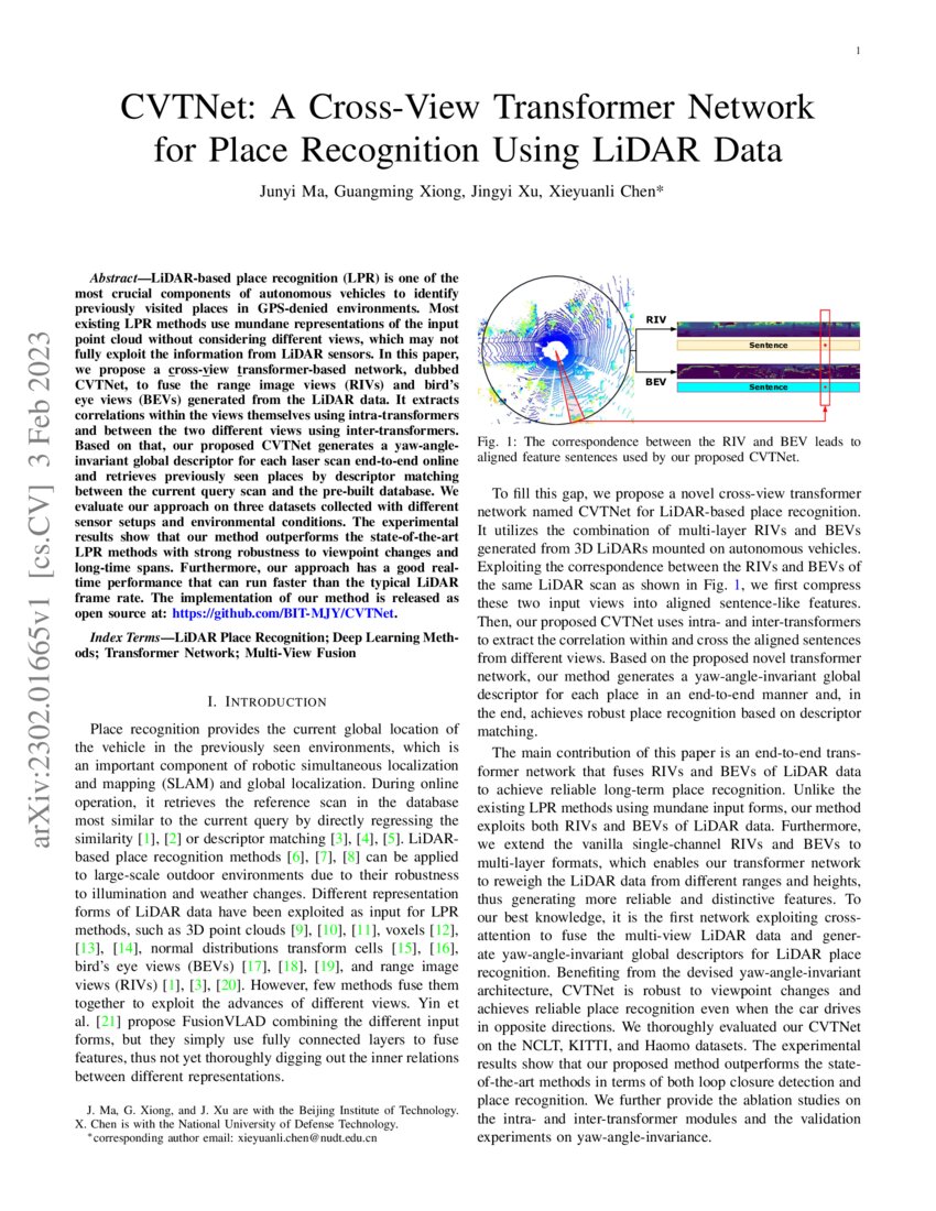 Cvtnet A Cross View Transformer Network For Place Recognition Using
