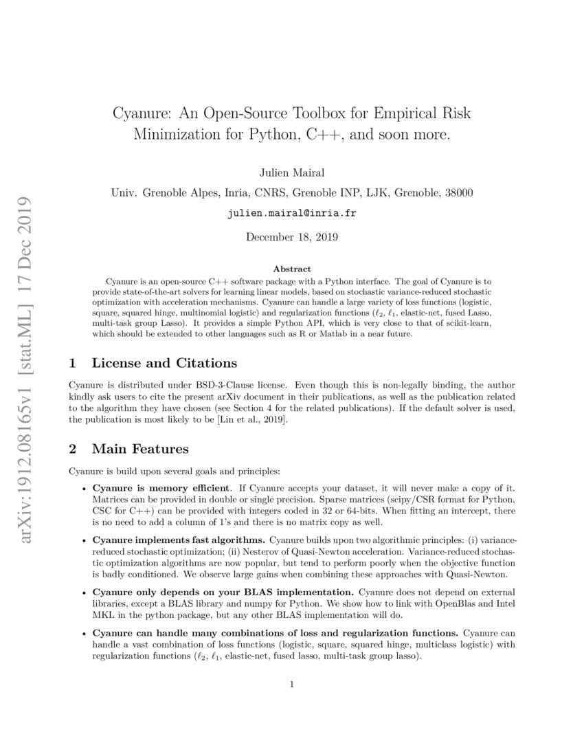 Cyanure An Open Source Toolbox For Empirical Risk Minimization For Python C And Soon More