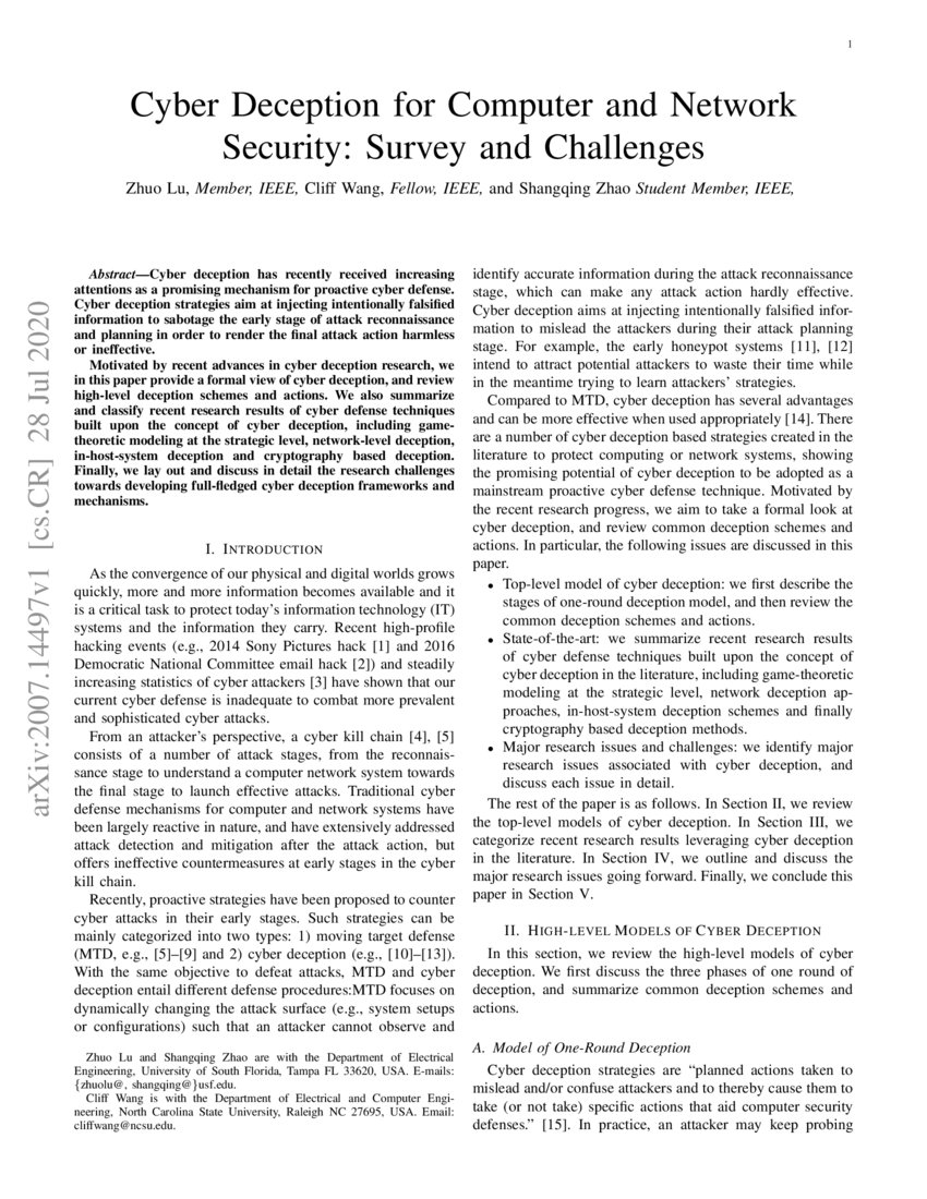 Cyber Deception for Computer and Network Security: Survey and ...