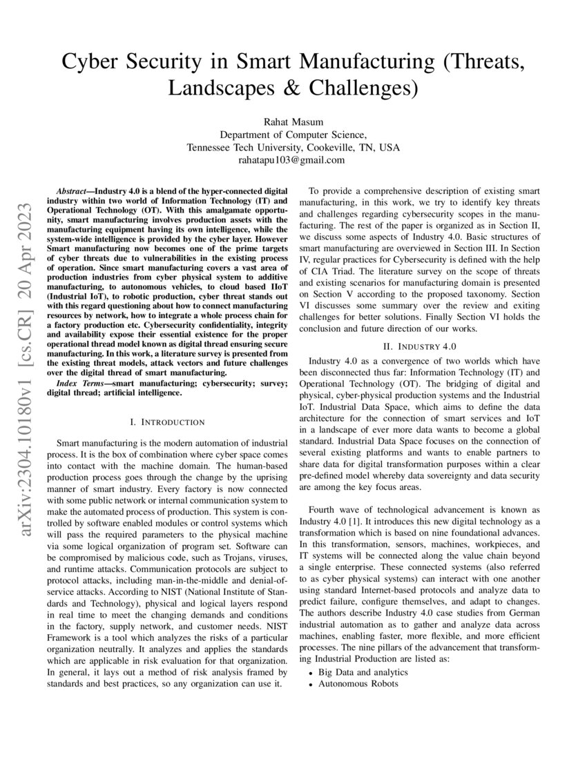 Cyber Security in Smart Manufacturing (Threats, Landscapes Challenges ...