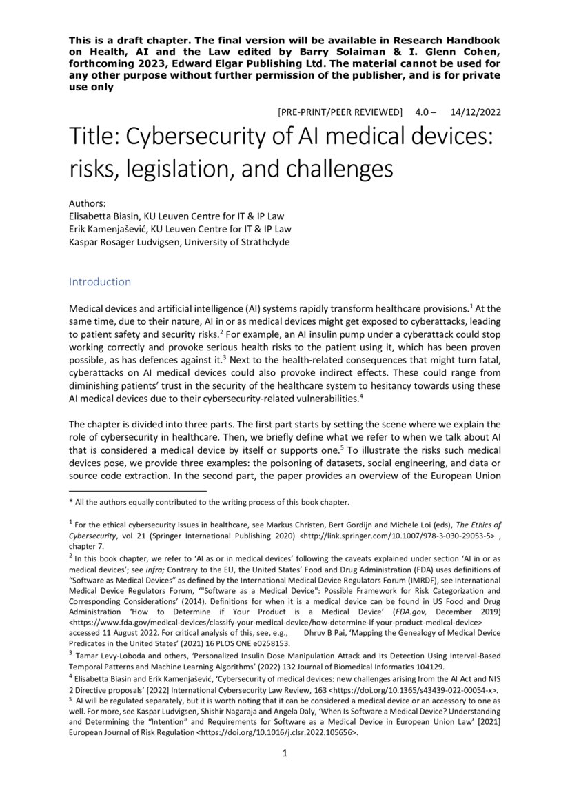 Cybersecurity Of Ai Medical Devices Risks Legislation And Challenges