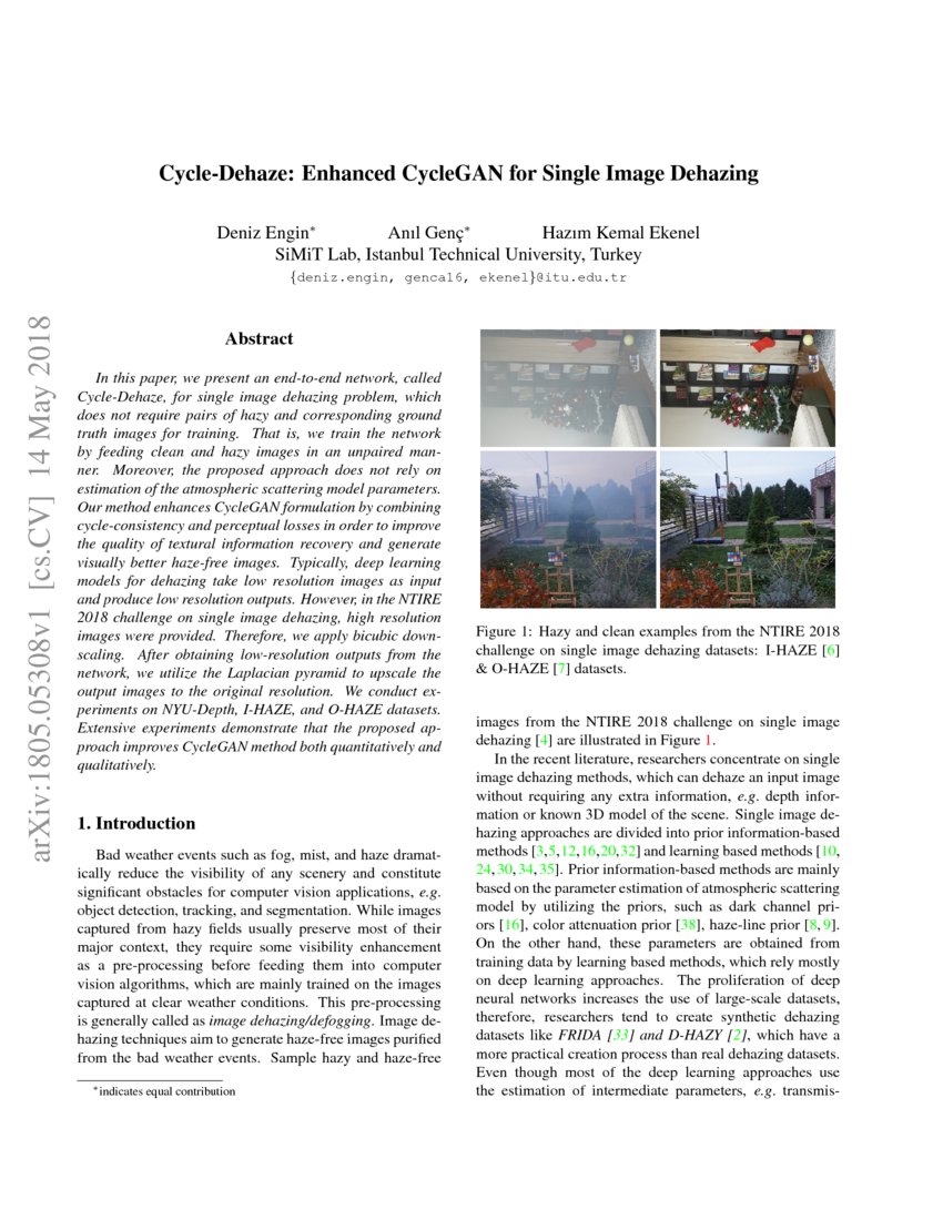 Cycle-Dehaze: Enhanced CycleGAN for Single Image Dehazing | DeepAI