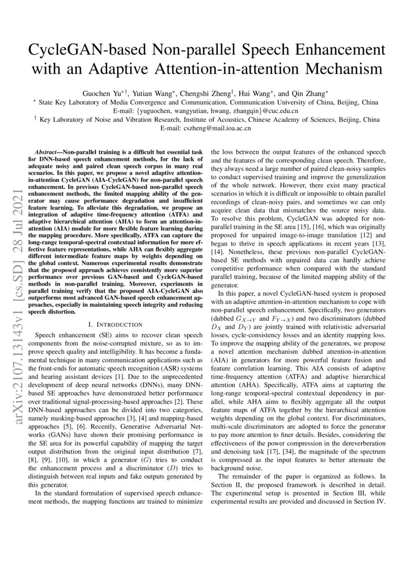 CycleGAN-based Non-parallel Speech Enhancement with an Adaptive Attention-in-attention Mechanism ...