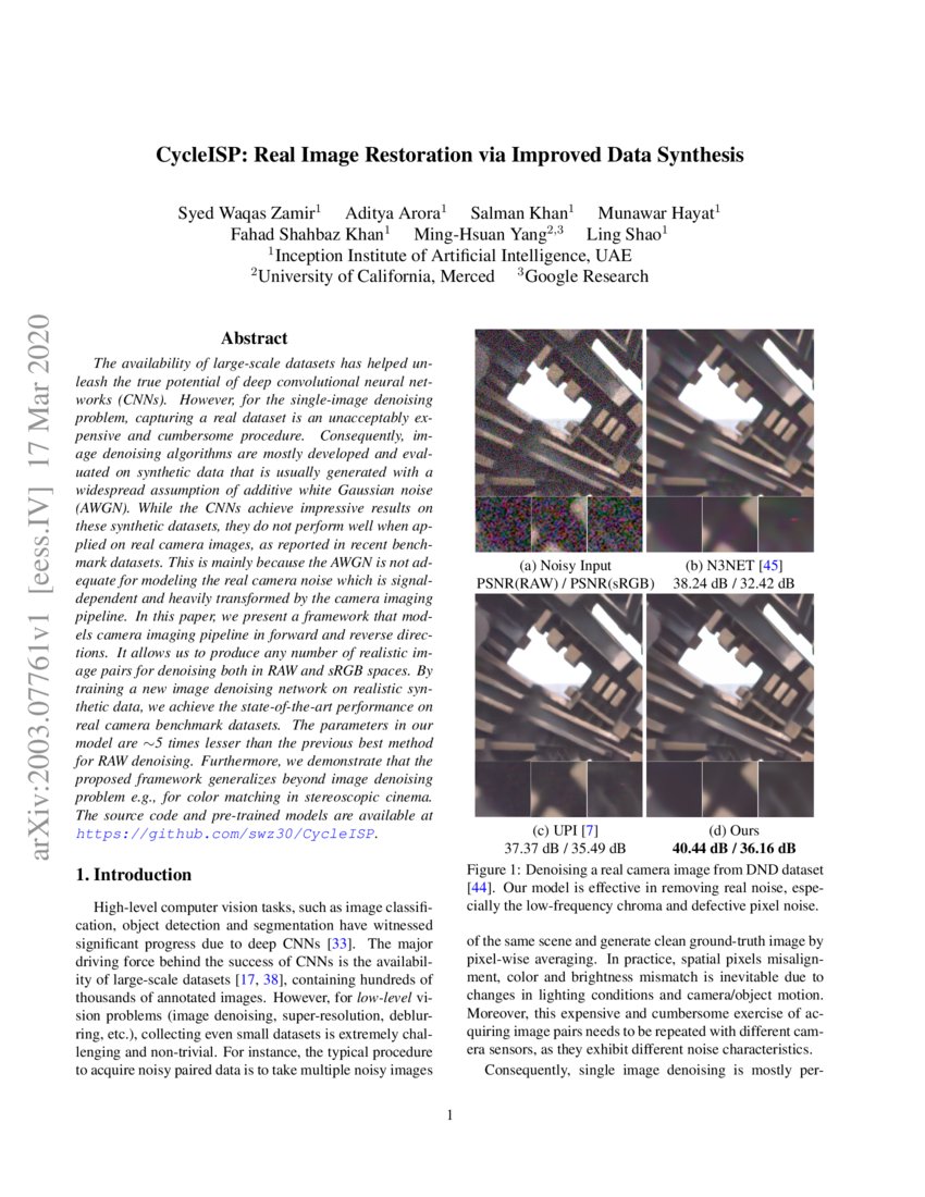 CycleISP: Real Image Restoration via Improved Data Synthesis | DeepAI