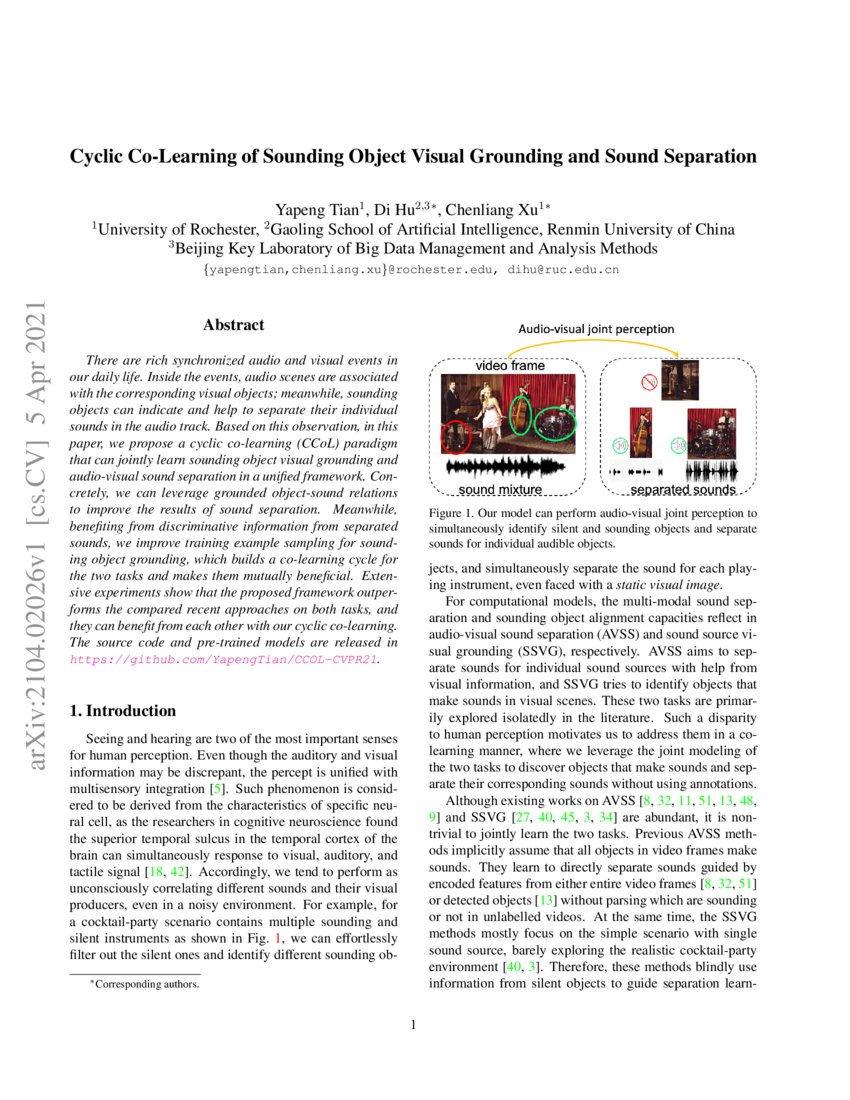 Cyclic Co-Learning of Sounding Object Visual Grounding and Sound Separation | DeepAI