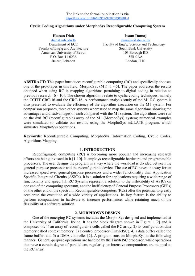 Cyclic Coding Algorithms Under Morphosys Reconfigurable Computing 2354