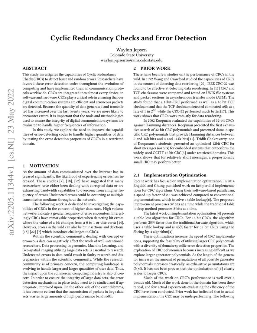 Cyclic Redundancy Checks And Error Detection Deepai