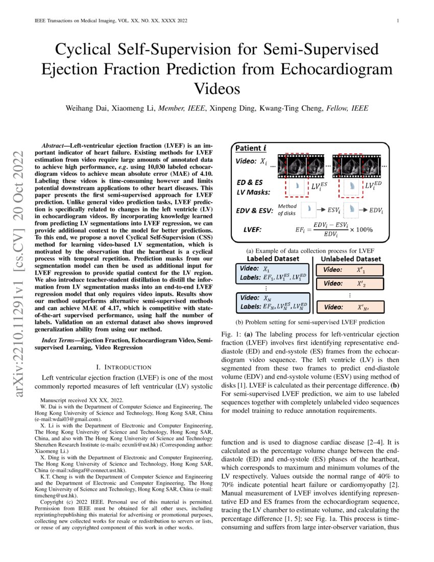 Cyclical Self-Supervision for Semi-Supervised Ejection Fraction Prediction from Echocardiogram ...