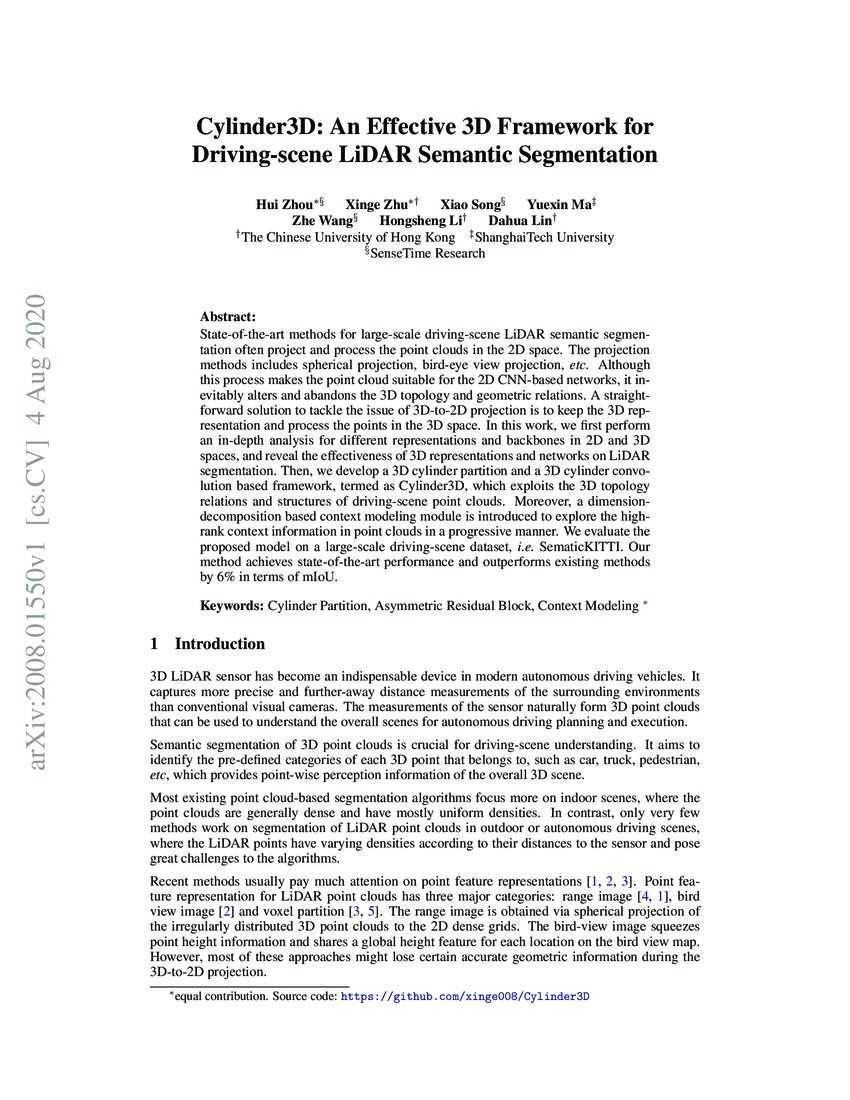 Cylinder3D: An Effective 3D Framework for Driving-scene LiDAR Semantic Segmentation | DeepAI