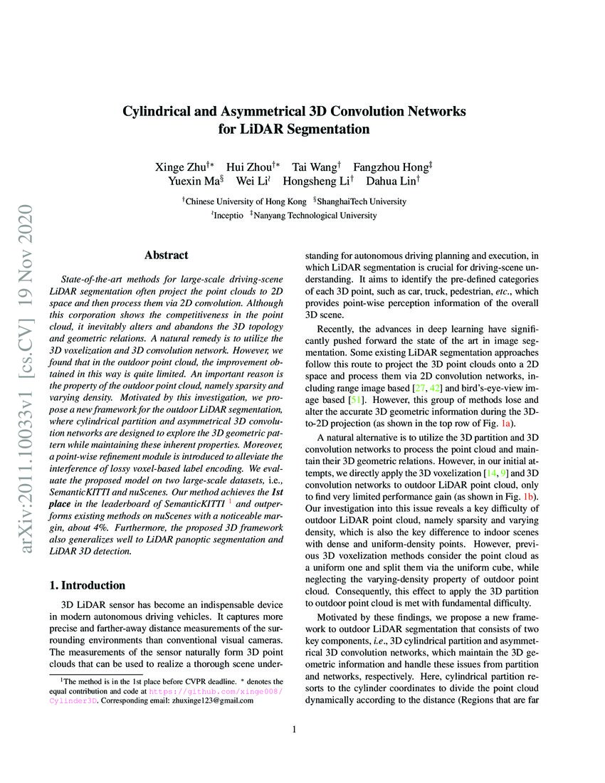 Cylindrical and Asymmetrical 3D Convolution Networks for LiDAR Segmentation | DeepAI