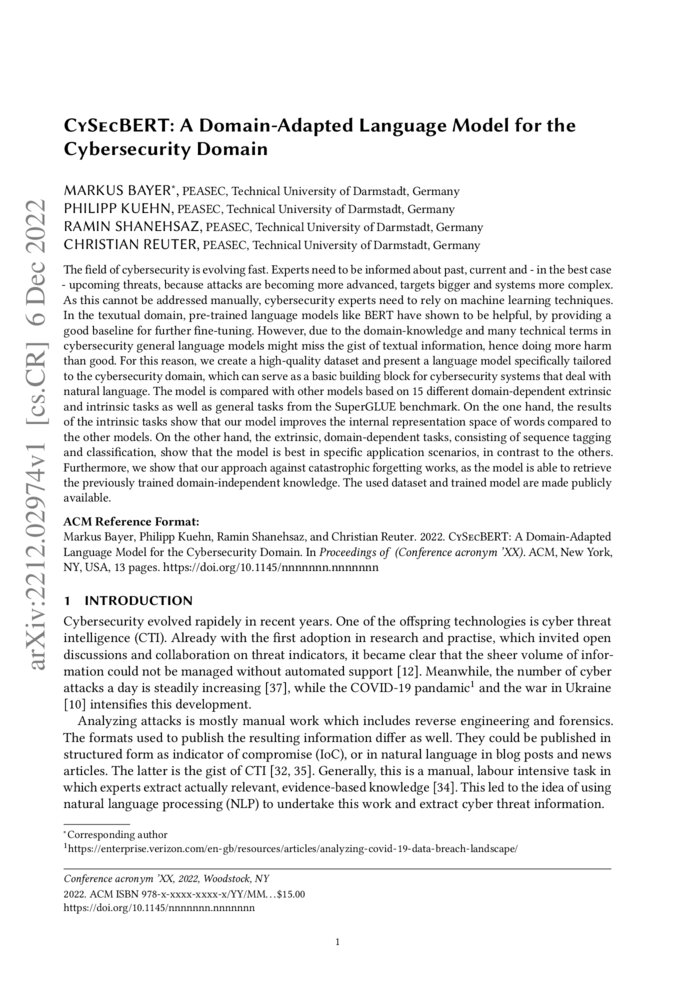 Cysecbert A Domain Adapted Language Model For The Cybersecurity Domain Deepai