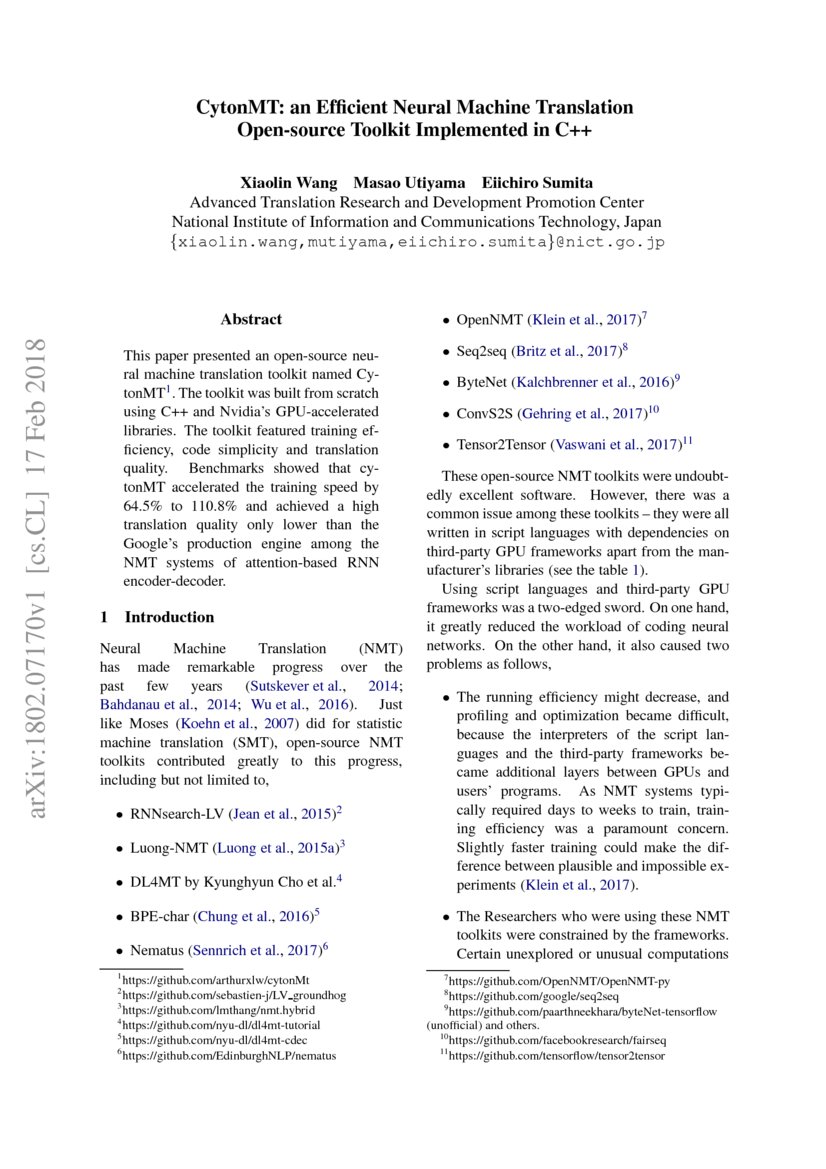 Cytonmt An Efficient Neural Machine Translation Open Source Toolkit Implemented In C Deepai