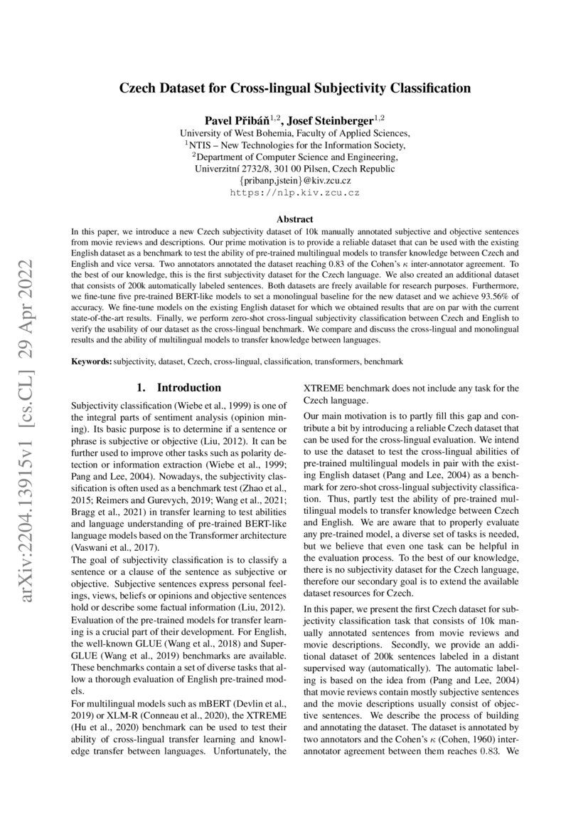 Czech Dataset For Cross Lingual Subjectivity Classification Deepai