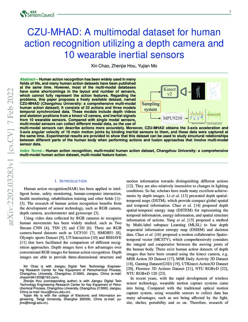 CZU-MHAD: A multimodal dataset for human action recognition utilizing a depth camera and 10 ...