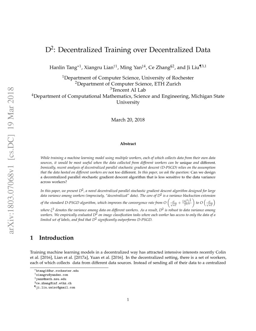 D^2: Decentralized Training over Decentralized Data | DeepAI