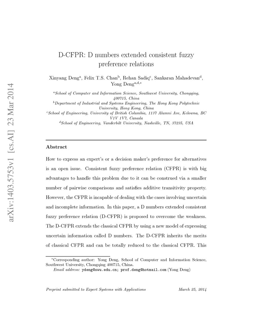 D-CFPR: D numbers extended consistent fuzzy preference relations | DeepAI