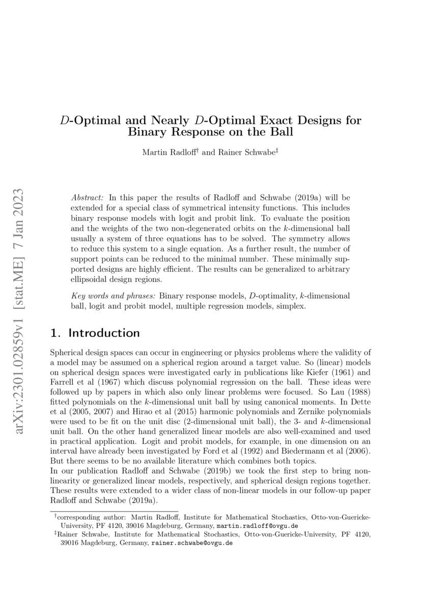 D Optimal And Nearly D Optimal Exact Designs For Binary Response On The Ball Deepai 