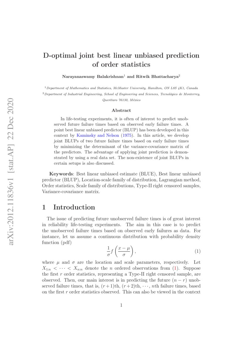D-optimal joint best linear unbiased prediction of order statistics ...