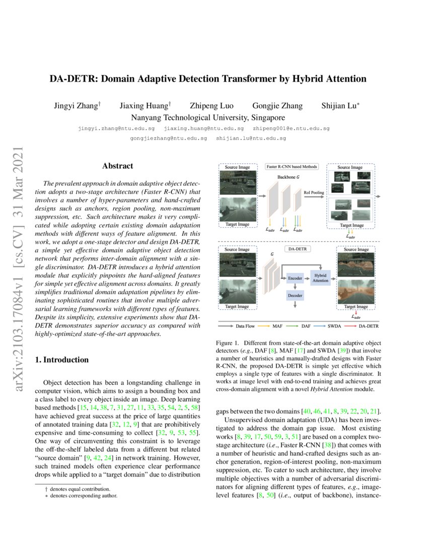 Da Detr Domain Adaptive Detection Transformer By Hybrid Attention Deepai