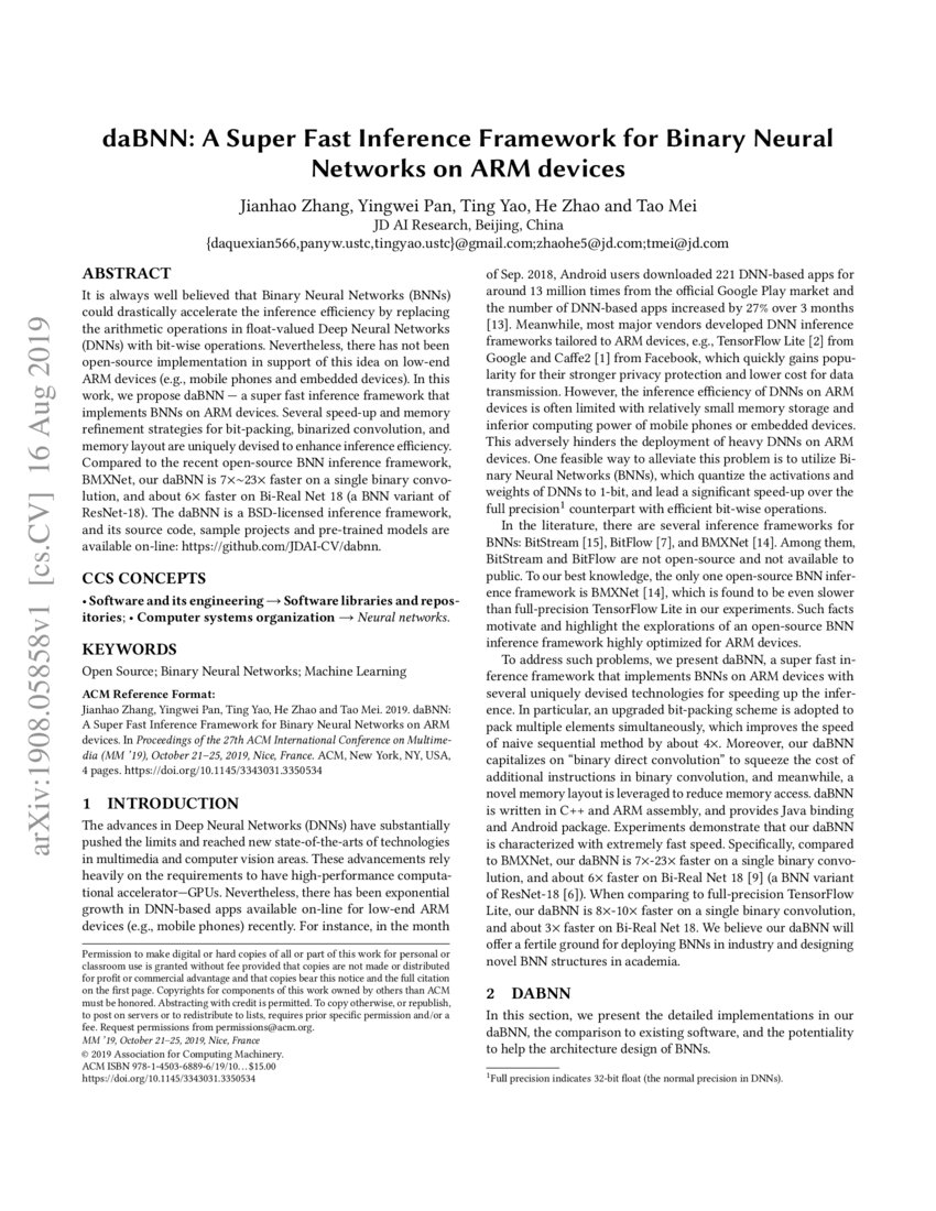 daBNN: A Super Fast Inference Framework for Binary Neural Networks on ... daBNN: A Super Fast Inference Framework for Binary Neural Networks on ...