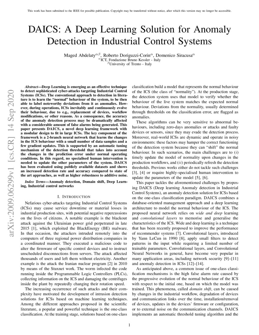 DAICS: A Deep Learning Solution for Anomaly Detection in Industrial Control Systems | DeepAI