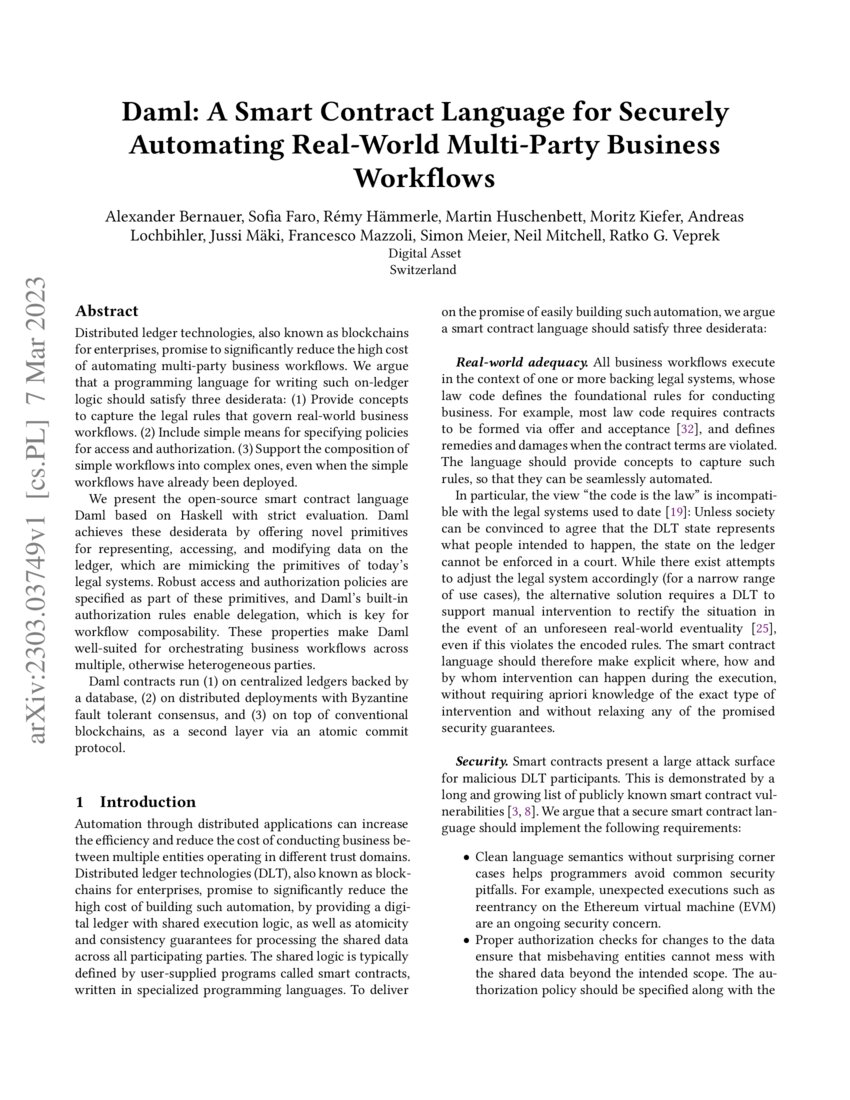 Daml: A Smart Contract Language for Securely Automating Real-World Multi-Party Business ...