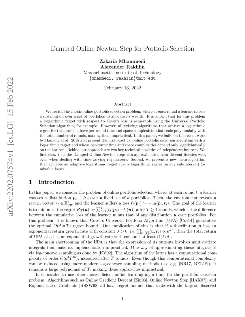 Damped Online Newton Step for Portfolio Selection | DeepAI
