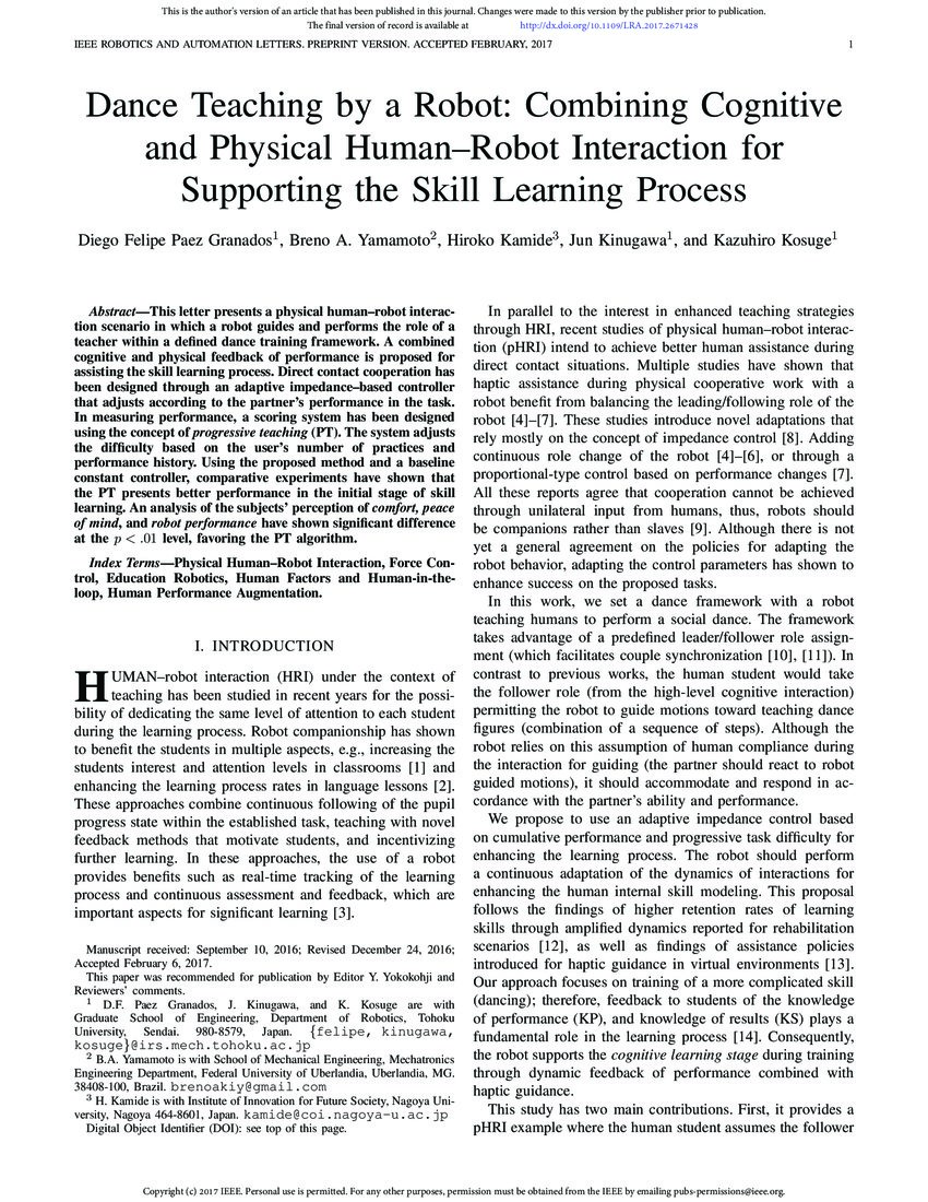 Dance Teaching by a Robot: Combining Cognitive and Physical Human-Robot Interaction for ...
