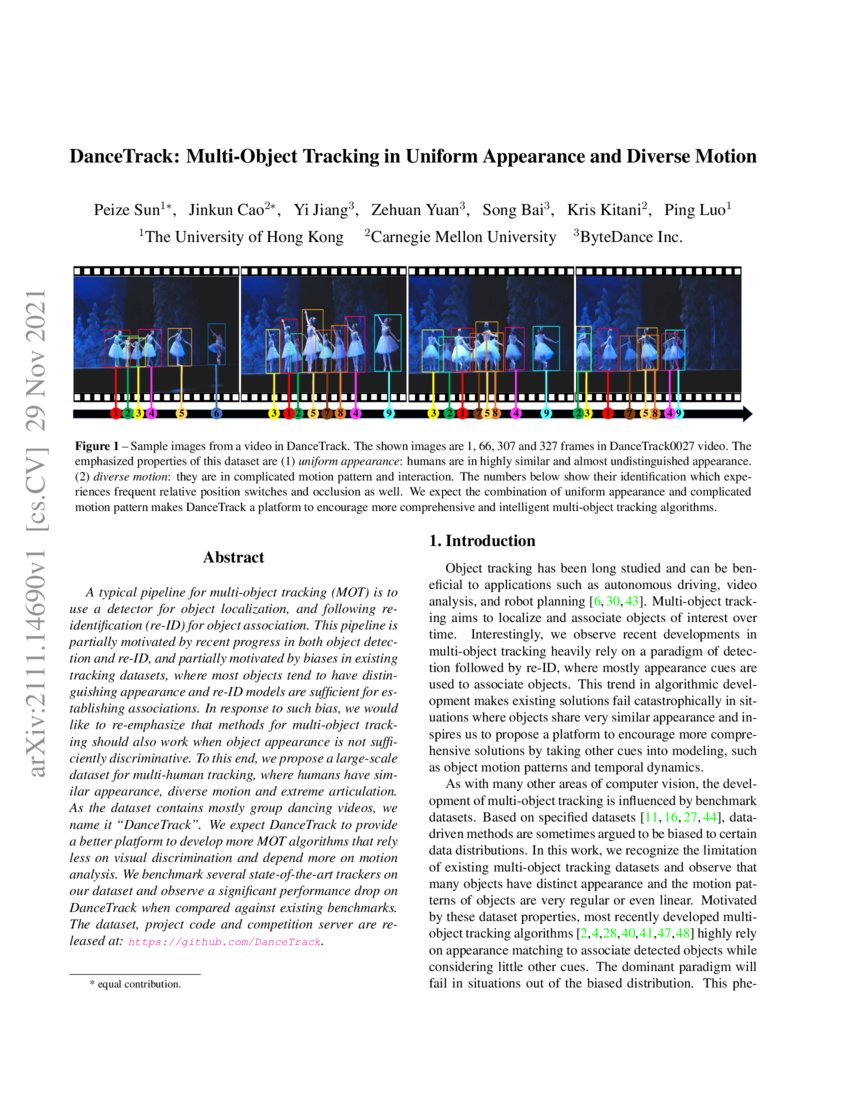 DanceTrack: Multi-Object Tracking in Uniform Appearance and Diverse ...