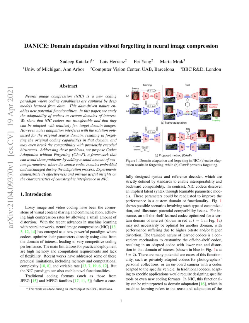 DANICE: Domain adaptation without forgetting in neural image compression | DeepAI